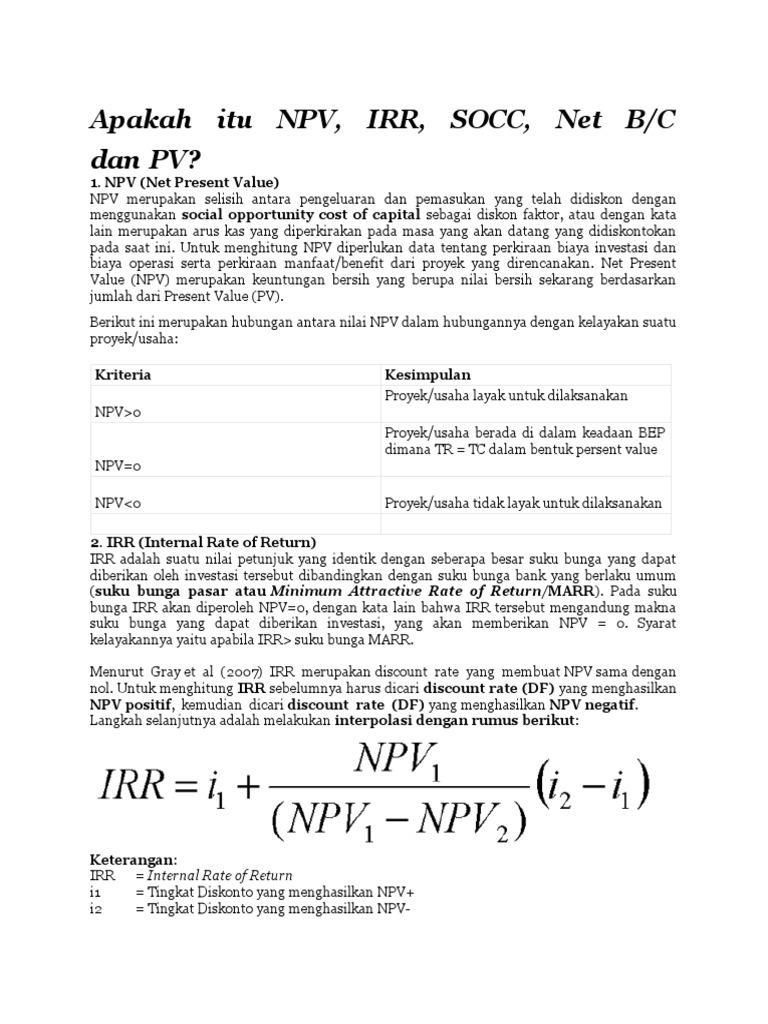 NPV, IRR, dan Net B/C dalam Investasi | PDF
