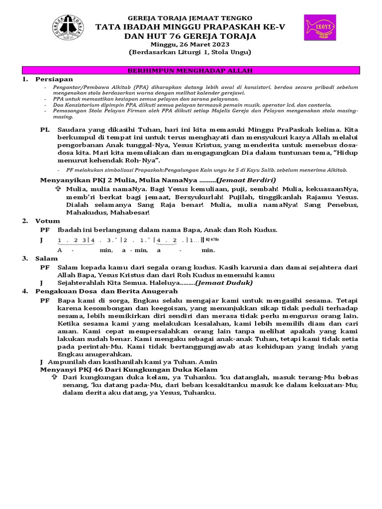 Ibadah Prapaskah V Gereja Toraja 76th | PDF