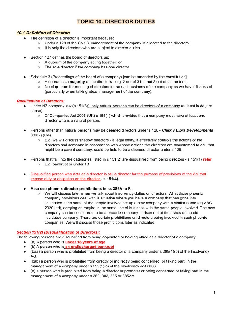Director Duties Short Notes | PDF | Fiduciary | Board Of Directors