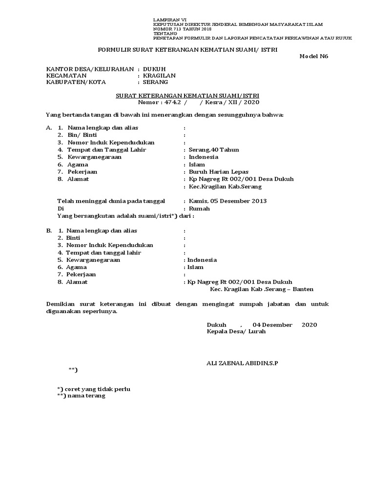 Contoh Formulir Surat Keterangan Kematian | PDF