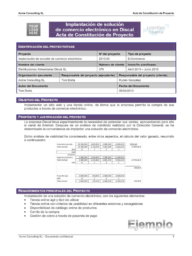Ejemplo de Acta de Constitución de Proyecto (Formato PDF) | PDF