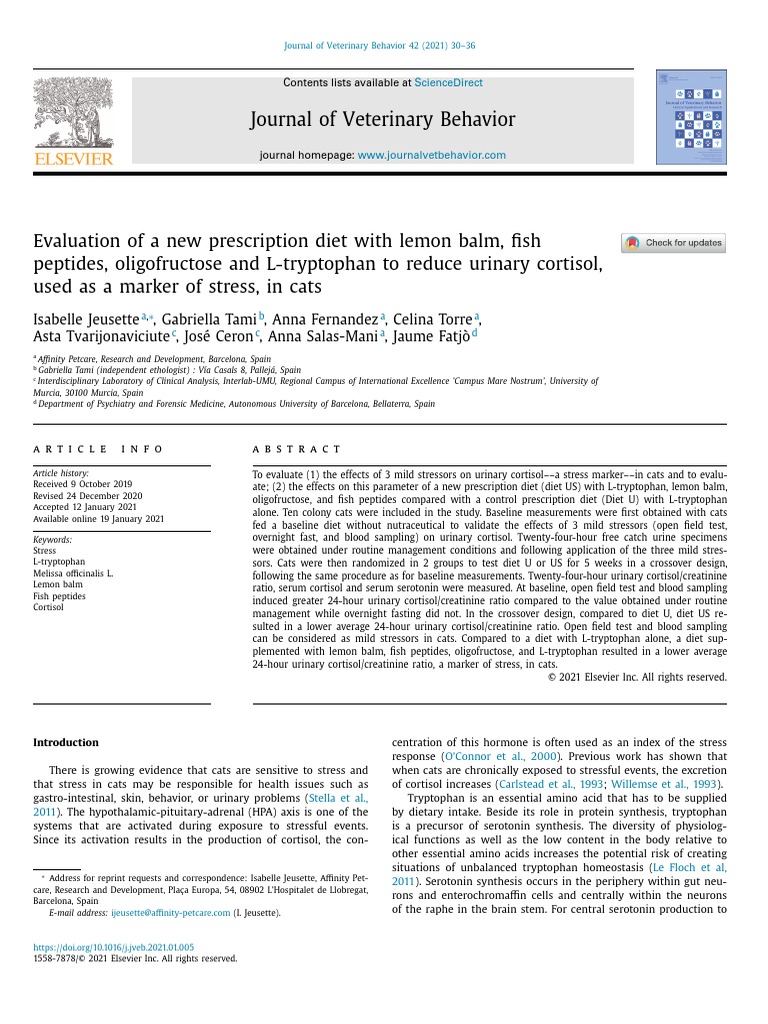 Journal of Veterinary Behavior | PDF | Tryptophan | Stress (Biology)