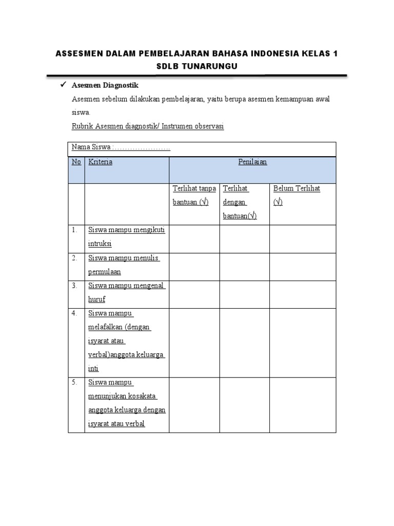 Assesmen Dalam Pembelajaran Bahasa Indonesia Kelas 1 SDLB Tunarungu | PDF