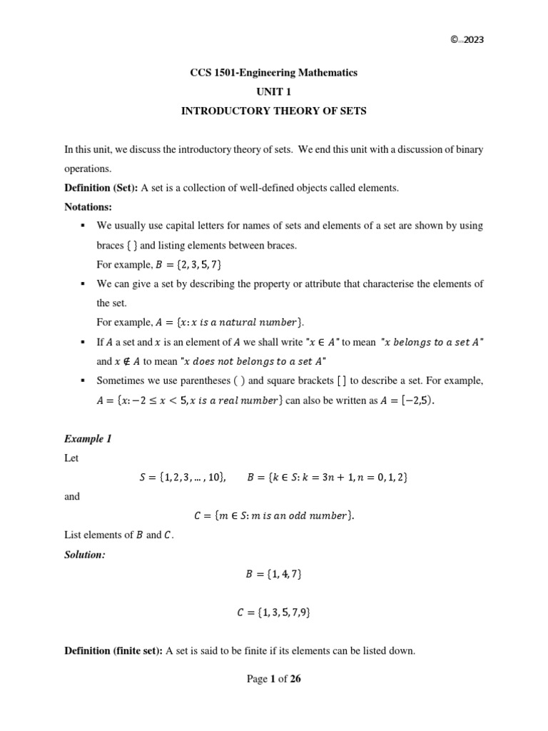 CCS 1501-Engineering Mathematics Unit 1 Introductory Theory of Sets | Download Free PDF | Set ...