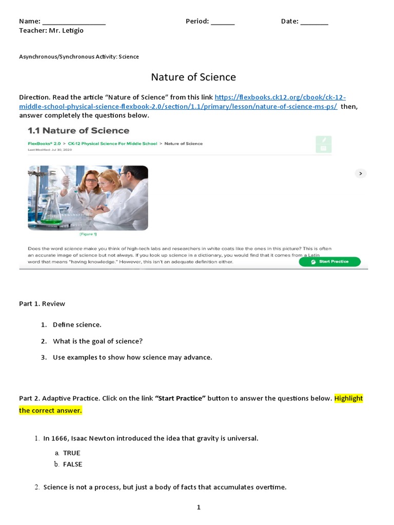 Reading Guide - Nature of Science-1 | PDF