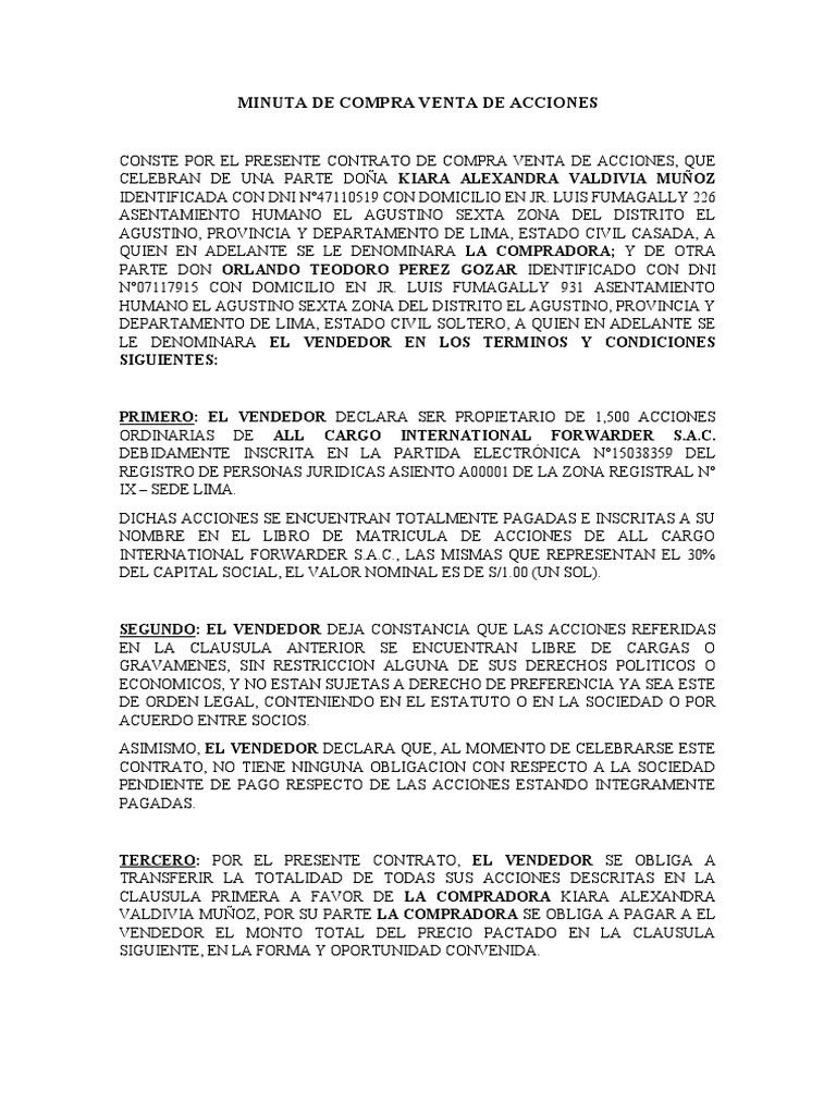 Minuta de Compra Venta de Acciones | PDF | Arbitraje | Compartir (Finanzas)