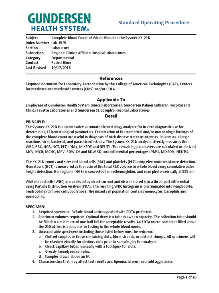 Lab SOP: Sysmex KX-21N CBC Analysis | PDF | Bleach | Clinical Medicine
