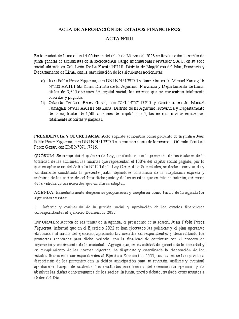 Acta 001 de Aprobación de Estados Financieros | PDF | Estado financiero | Gobierno