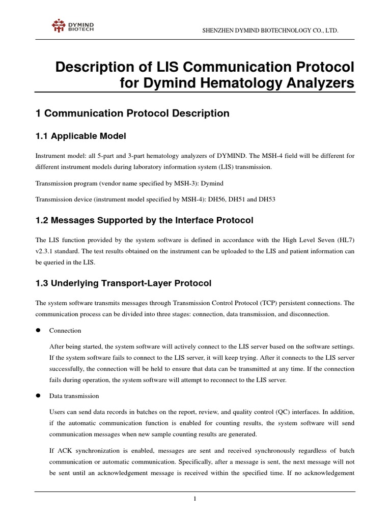 Description of LIS Communication Protocol For Dymind Hematology Analyzers | PDF | Transmission ...
