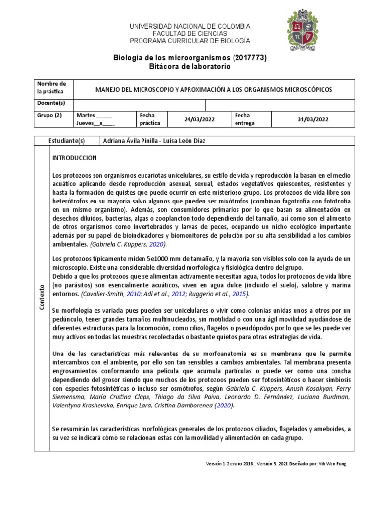 BITACORA LABORATORIO Biología Microorganismos | PDF | Protozoos ...