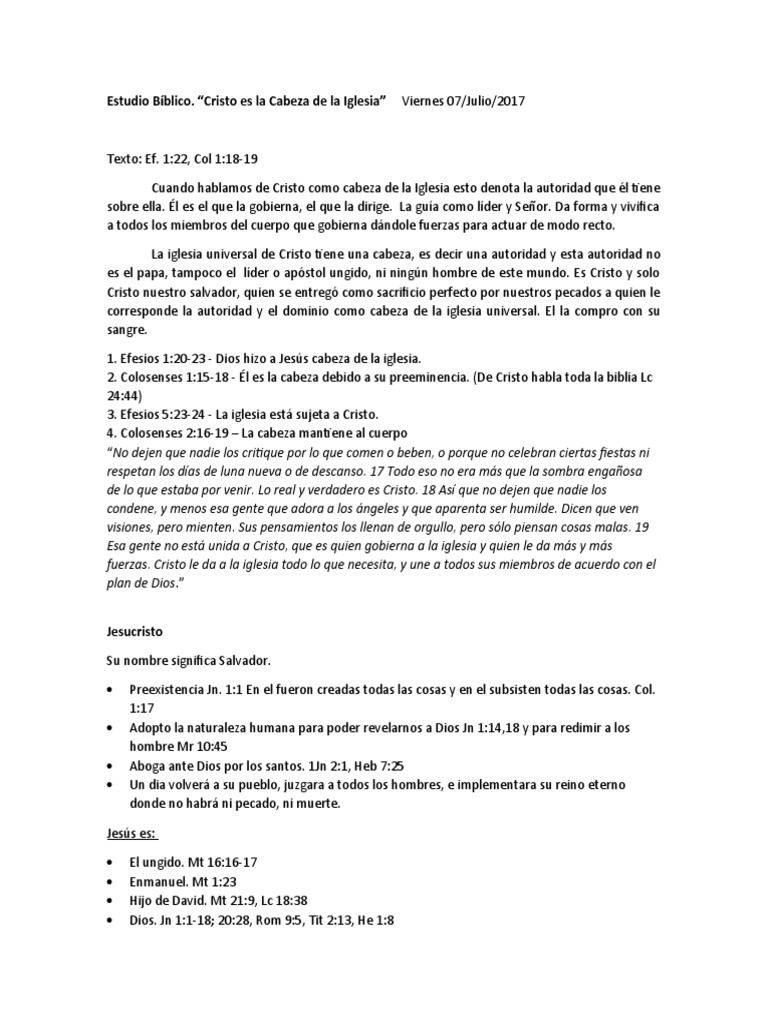 Estudio Bíblico Cristo Cabeza de La Iglesia | PDF | Cristo (título) | Iglesia cristiana