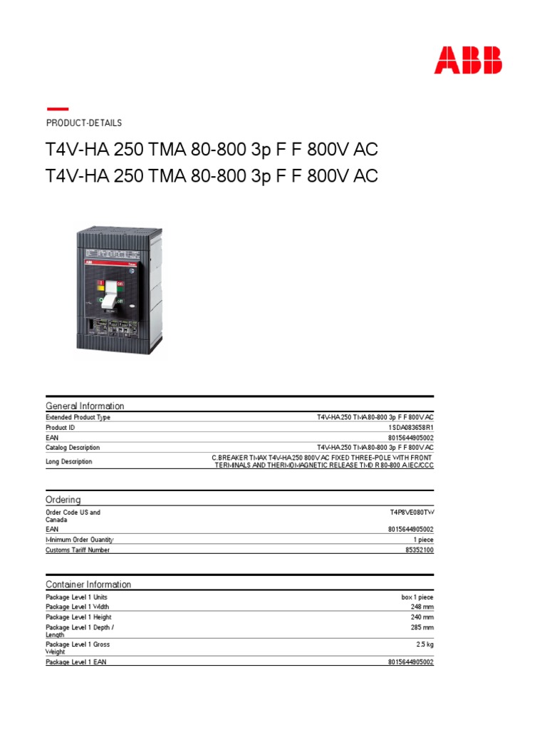 1SDA083658R1 t4v Ha 250 Tma 80 800 3p F F 800v Ac | PDF | Electrical ...