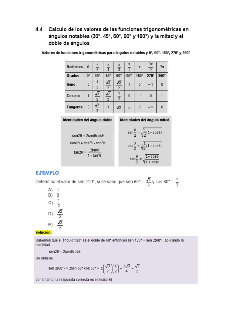 4.4 Calculo de Los Valores de Las Funciones Trigonométricas en Ángulos Notables | PDF ...