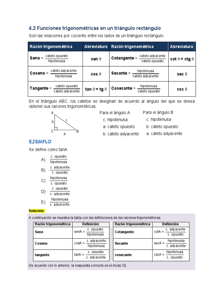 4.2 Funciones Trigonométricas en Un Triángulo Rectángulo | PDF | Funciones trigonométricas ...