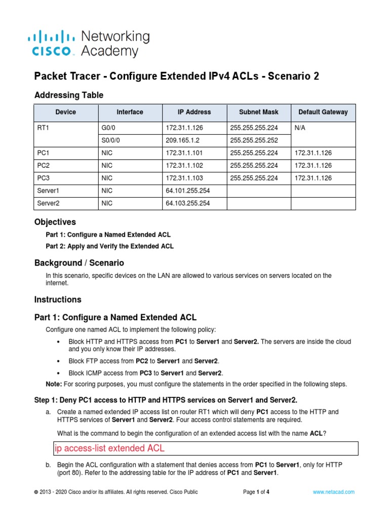 5 4 13 Packet Tracer Configure Extended Ipv4 Acls Scenario 2 Pdf Internet Protocols Ip