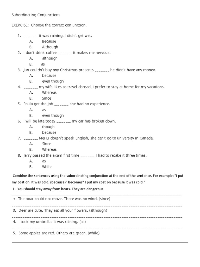 Subordinating Conjunctions - Exercise | PDF