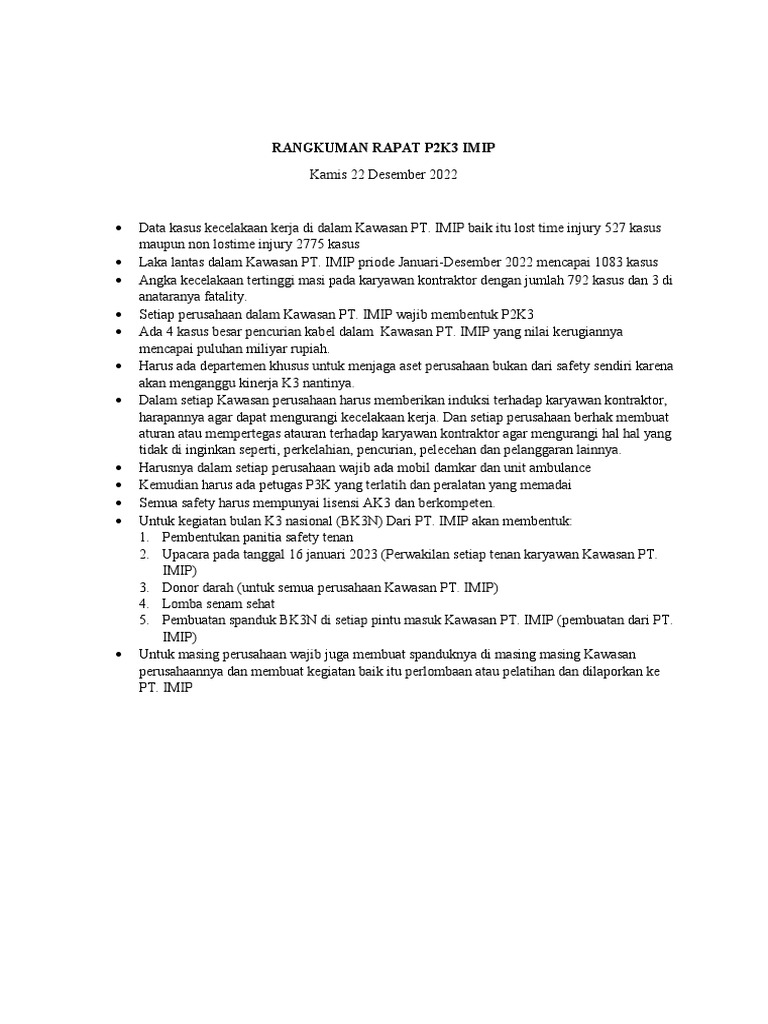 Rangkuman Rapat P2K3 Imip | PDF