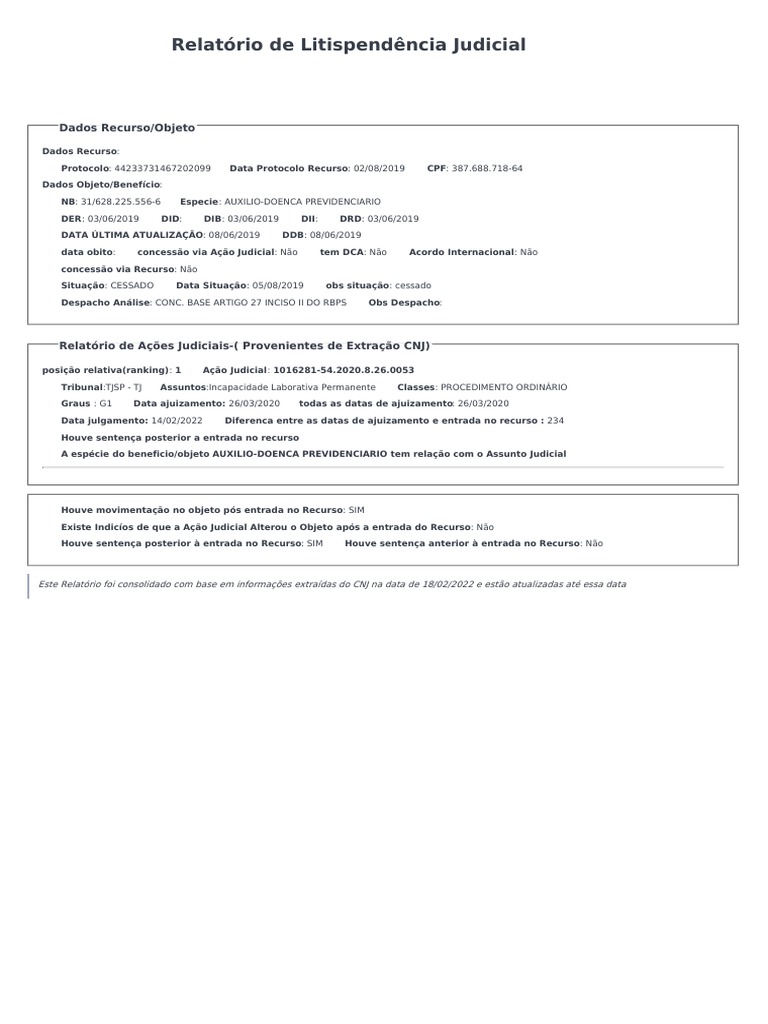 Relatorio Litispendencia Judicial Protocolo 44233731467202099 | PDF