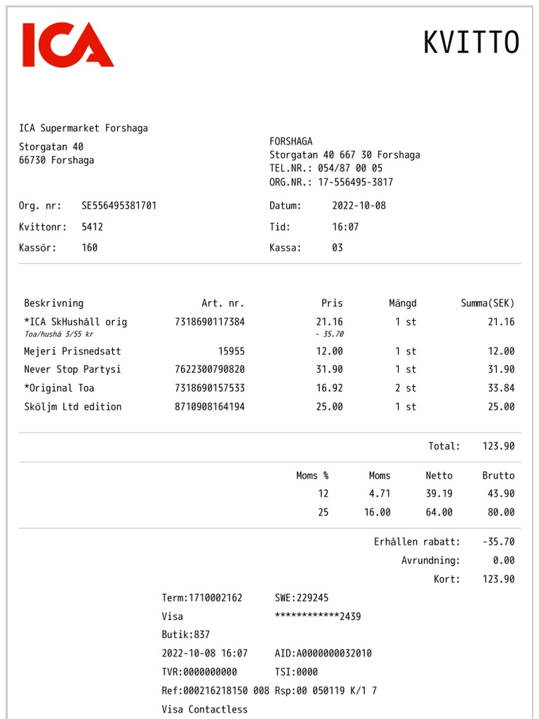 Kvitto: Toa/hushå 3/55 KR - 35.70 | PDF