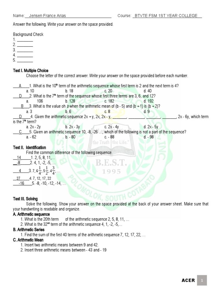 Answer Sheet | PDF | Sequence | Mathematical Objects