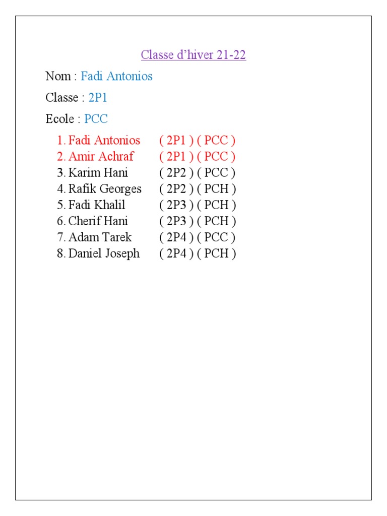 Winter Class List 21-22 PCC 2P1 | PDF