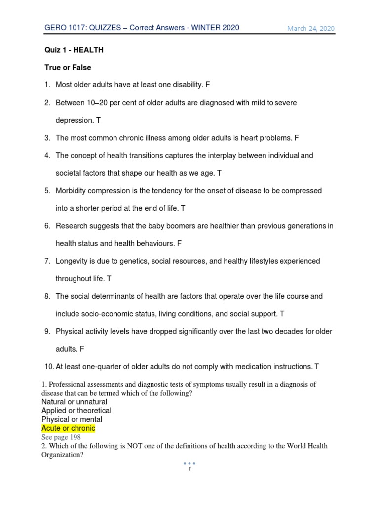 GERO 1017 Notes and Quizzes PDF | PDF | Cost Of Living | Chronic Condition