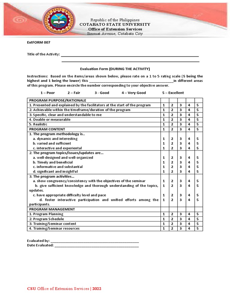 Evaluation Form During The Activity | PDF | Psychology | Learning