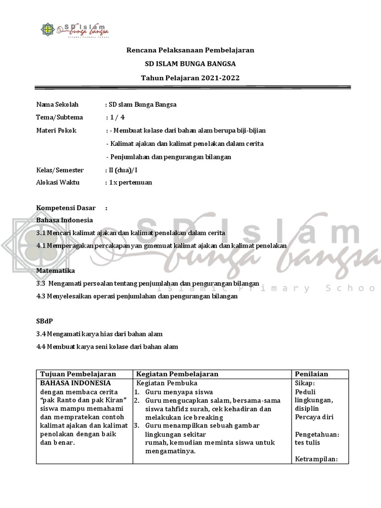 RPP Kelas 2 Tema 1 | PDF