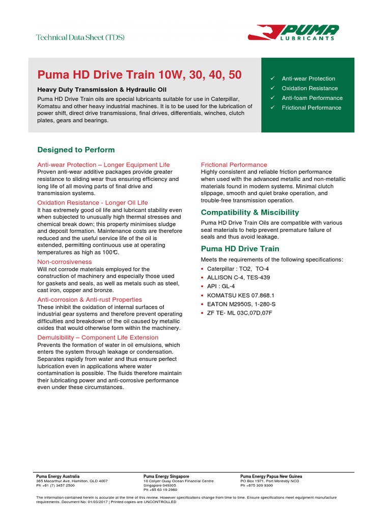 Puma HD Drive Train 10W 30 40 50 TDS | PDF | Lubricant | Clutch