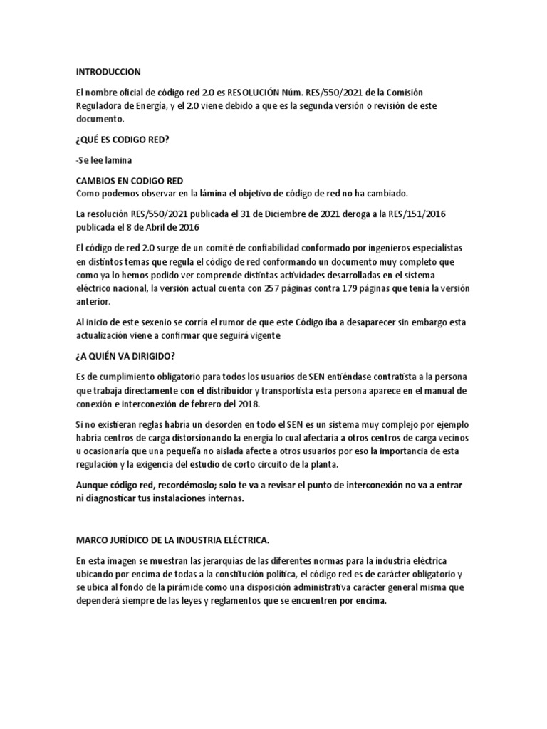 Exposicion Codigo Red | PDF | Energia electrica | Corriente eléctrica