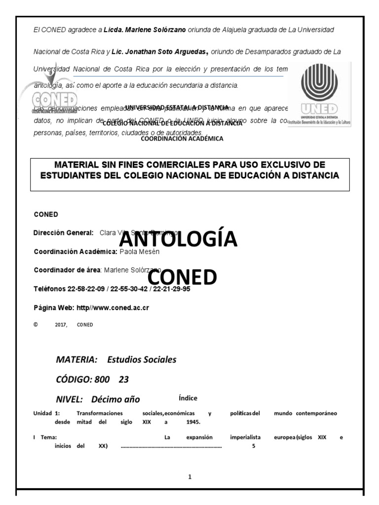 Antología Coned: MATERIA: Estudios Sociales CÓDIGO: 800 23 NIVEL ...