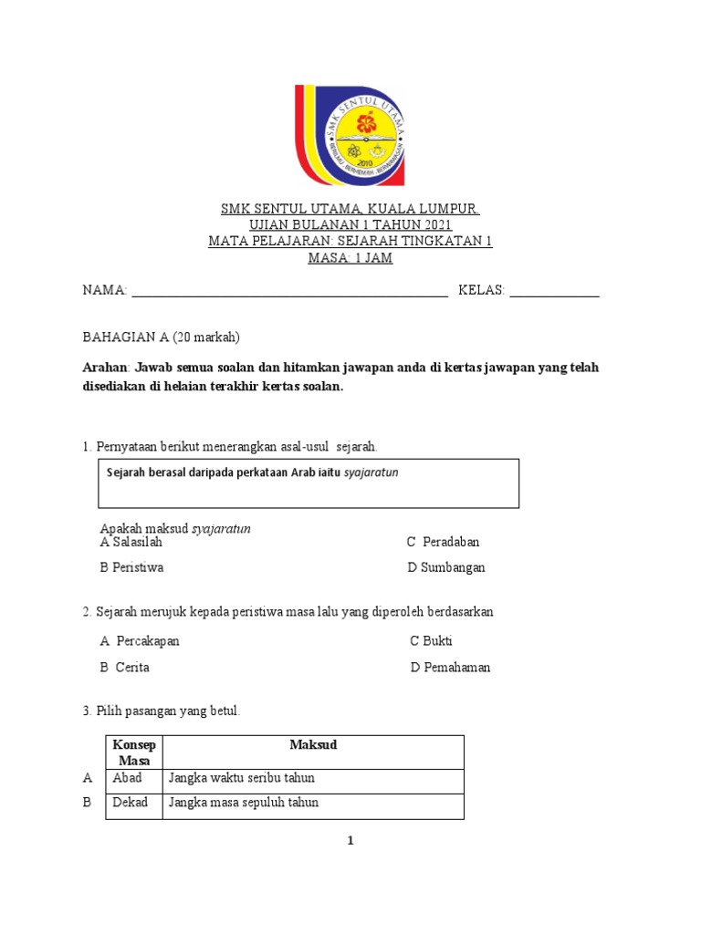 Ujian 1 Sej T1 | PDF