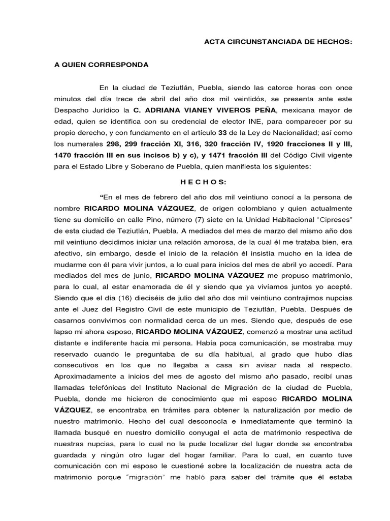 Acta Circunstanciada de Hechos-Simulacion de Actos | PDF | Matrimonio Acta Circunstanciada de Hechos-Simulacion de Actos | PDF | Matrimonio