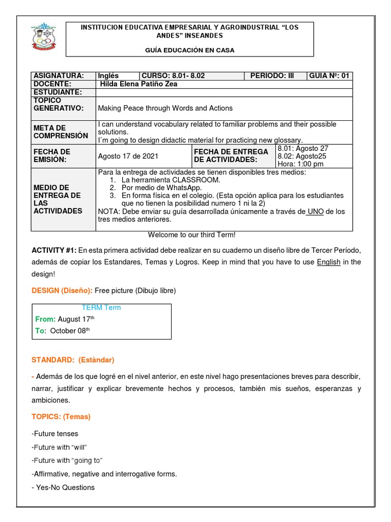 Inglés, Guía #1, P3 8.01-8.02 | PDF