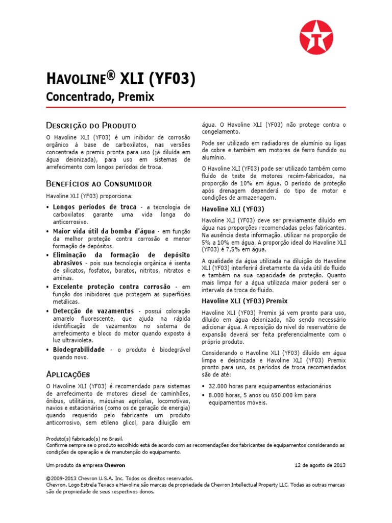 Havoline XLI - PREMIX | PDF | Corrosão | Ciências Físicas