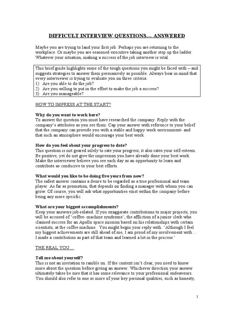 Difficult Interview Questions Answered | PDF | Job Interview | Psychology