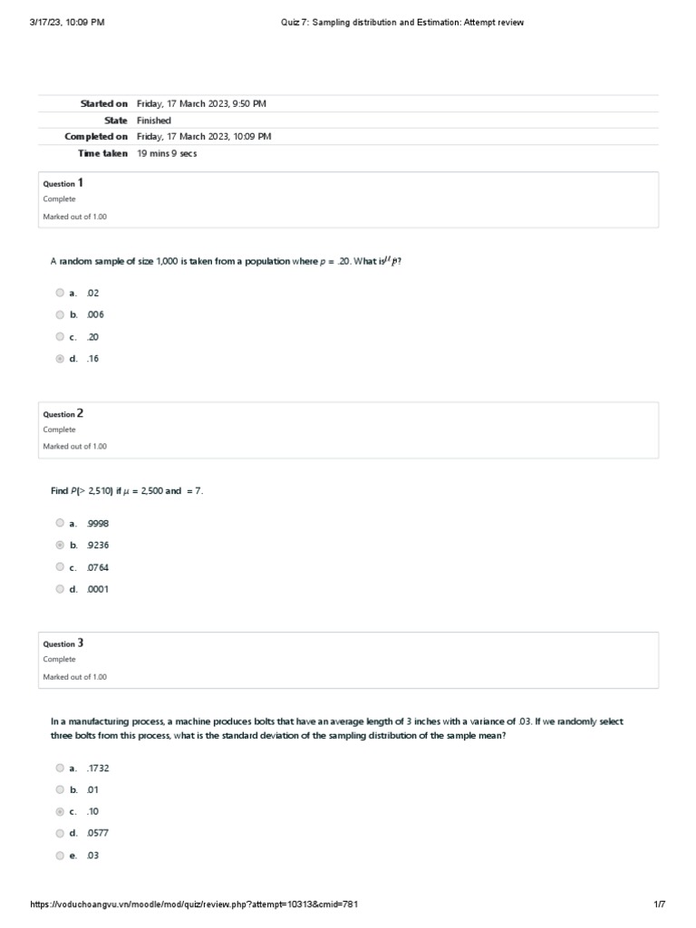 Quiz 7 - Sampling Distribution and Estimation - Attempt Review | Download Free PDF | Standard ...