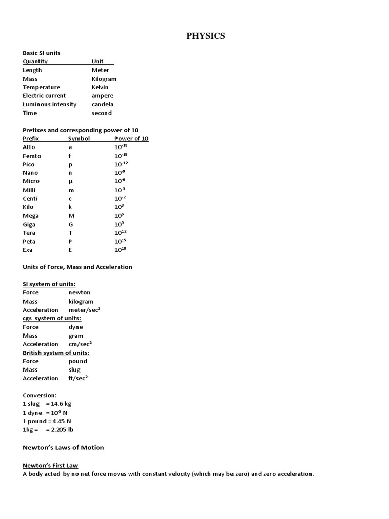 Physics Fundamentals: An Overview of Basic SI Units, Prefixes, and ...