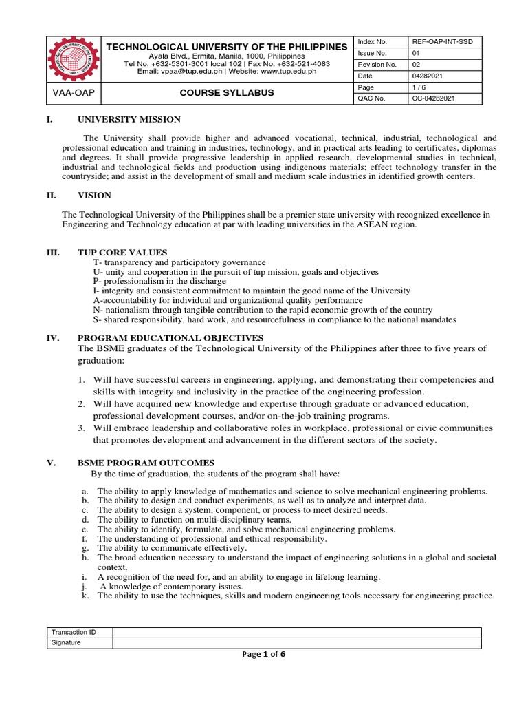 BSME Course Syllabus - TUP Manila | PDF | Engineering | Mechanical Engineering
