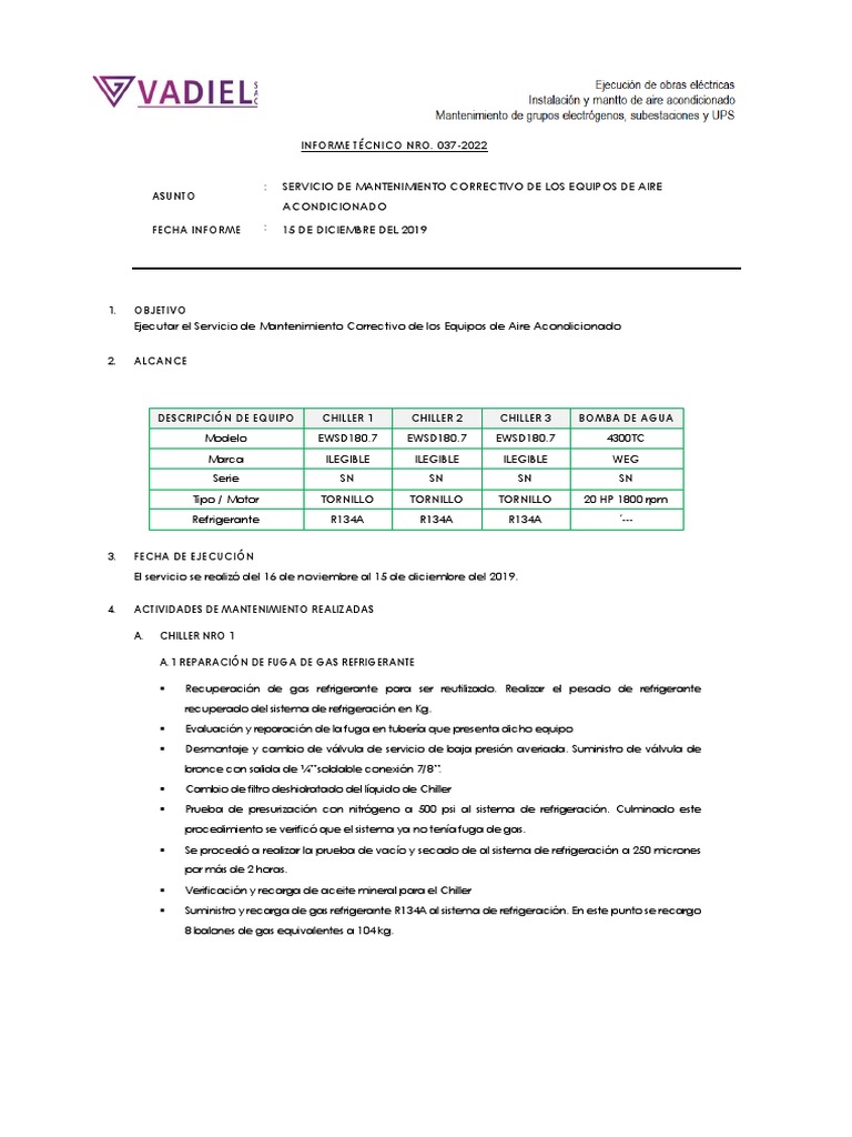 Informe Final de Mantenimiento de Chiller | PDF | Agua | Cobre