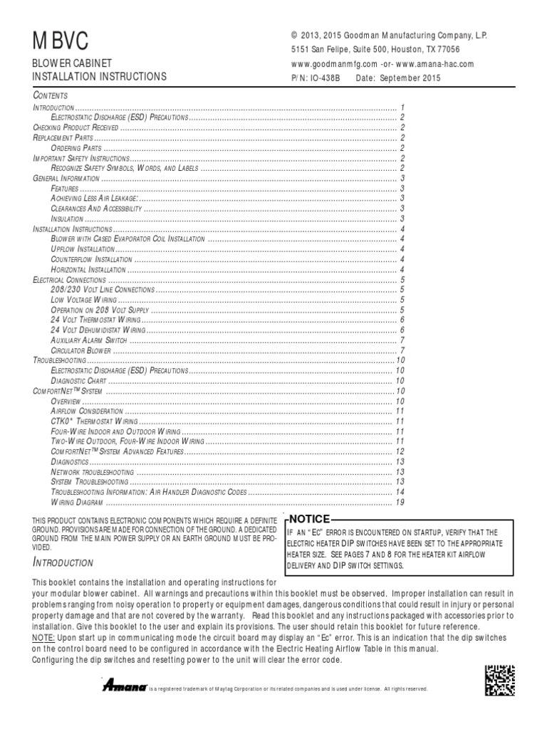 Installation Guide Goodman MBVC | PDF | Duct (Flow) | Electrical Wiring