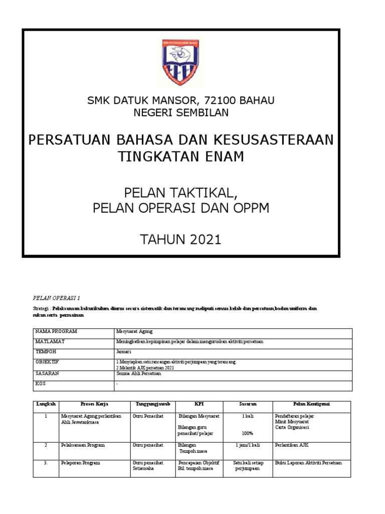 Pelan Operasi Persatuan Bahasa Dan Kesusasteraan T6 2021 | PDF