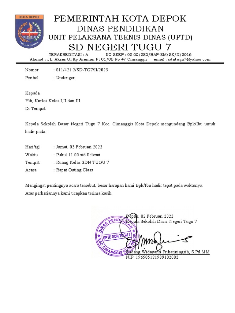 Undangan Rapat Outing Class SDN Tugu 7 | PDF