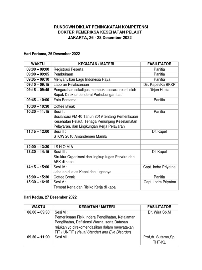 RUNDOWN DIKLAT PENINGKATAN KOMPETENSI Update 23 Des 22 | PDF