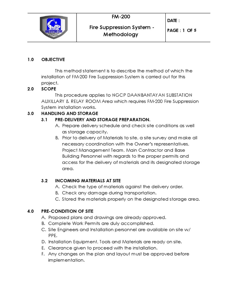FM-200 Fire Suppression System - Methodology: Date: Page: 1 of | PDF ...