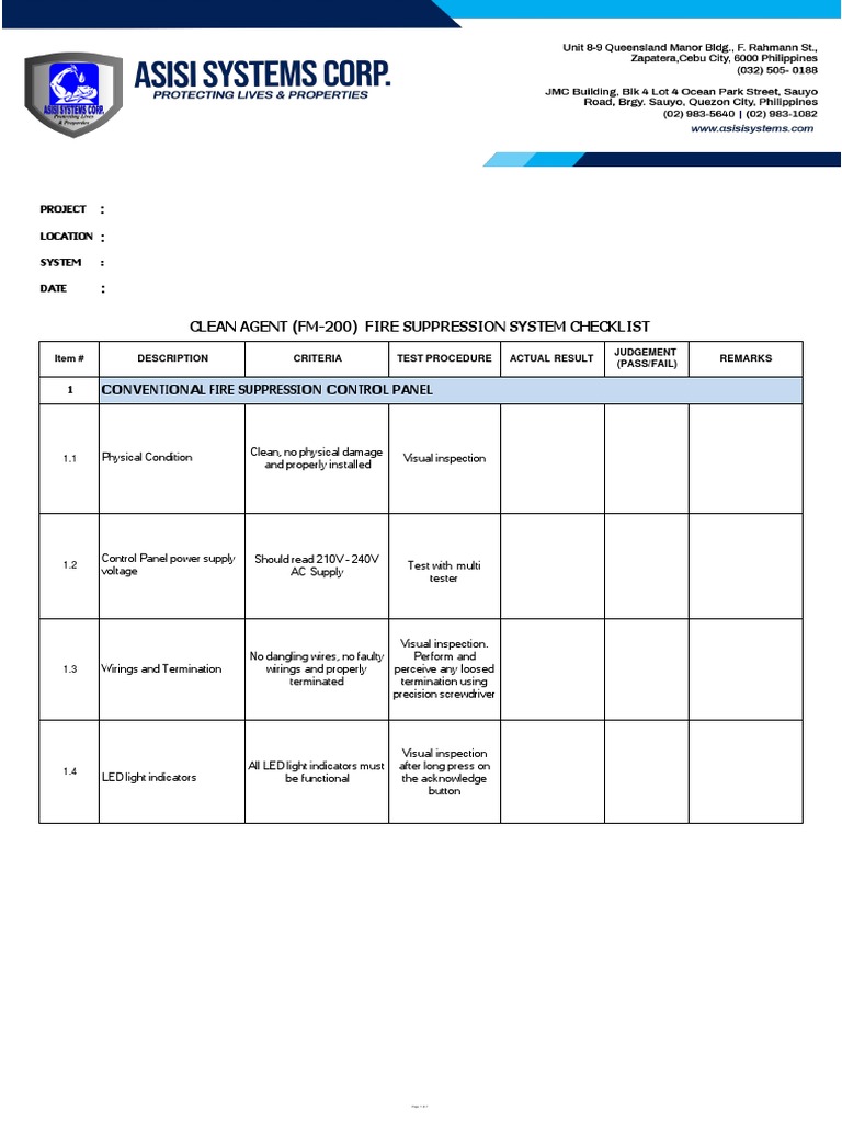 Clean Agent (Fm-200) Fire Suppression System Checklist: Project ...