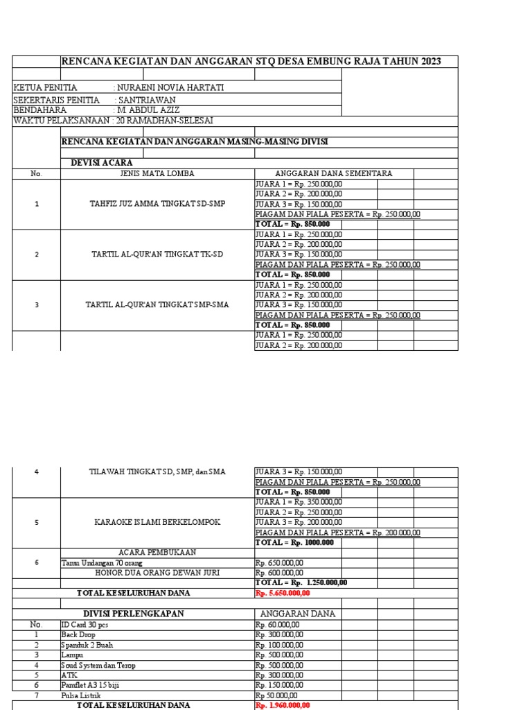 Rencana Kegiatan STQ Desa Embung Raja | PDF
