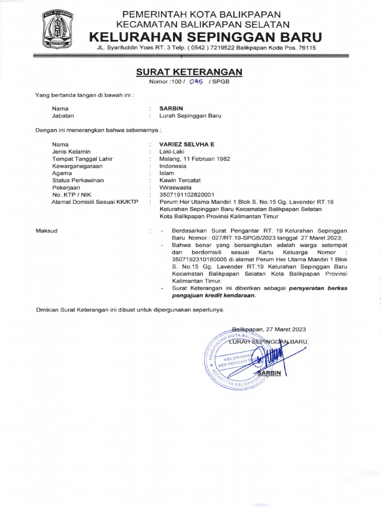 Contoh Surat Domisili | PDF