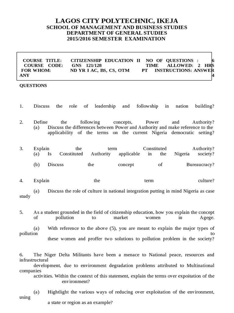 Citizenship Education Ii GNS 121 128 ND Yr I Ac BS CS Otm PT 1 | PDF