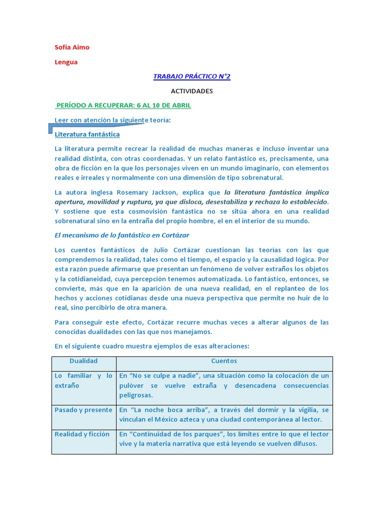 Sofía Aimo Lengua: Período A Recuperar: 6 Al 10 de Abril | PDF | Fantasía | Realidad